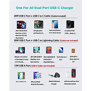 32W 2 Port with 20W USB C Fast Charger Compatible with iPad Pro 12.9 Gen 5/4/3 2021/2020/2018, Pro 11 Gen 3/2/1, New Mini 6, Air 4, Pixel 5 4 3 2 XL 3/4A 2/3/4XL，6.6ft 3A USB C to C Cord
