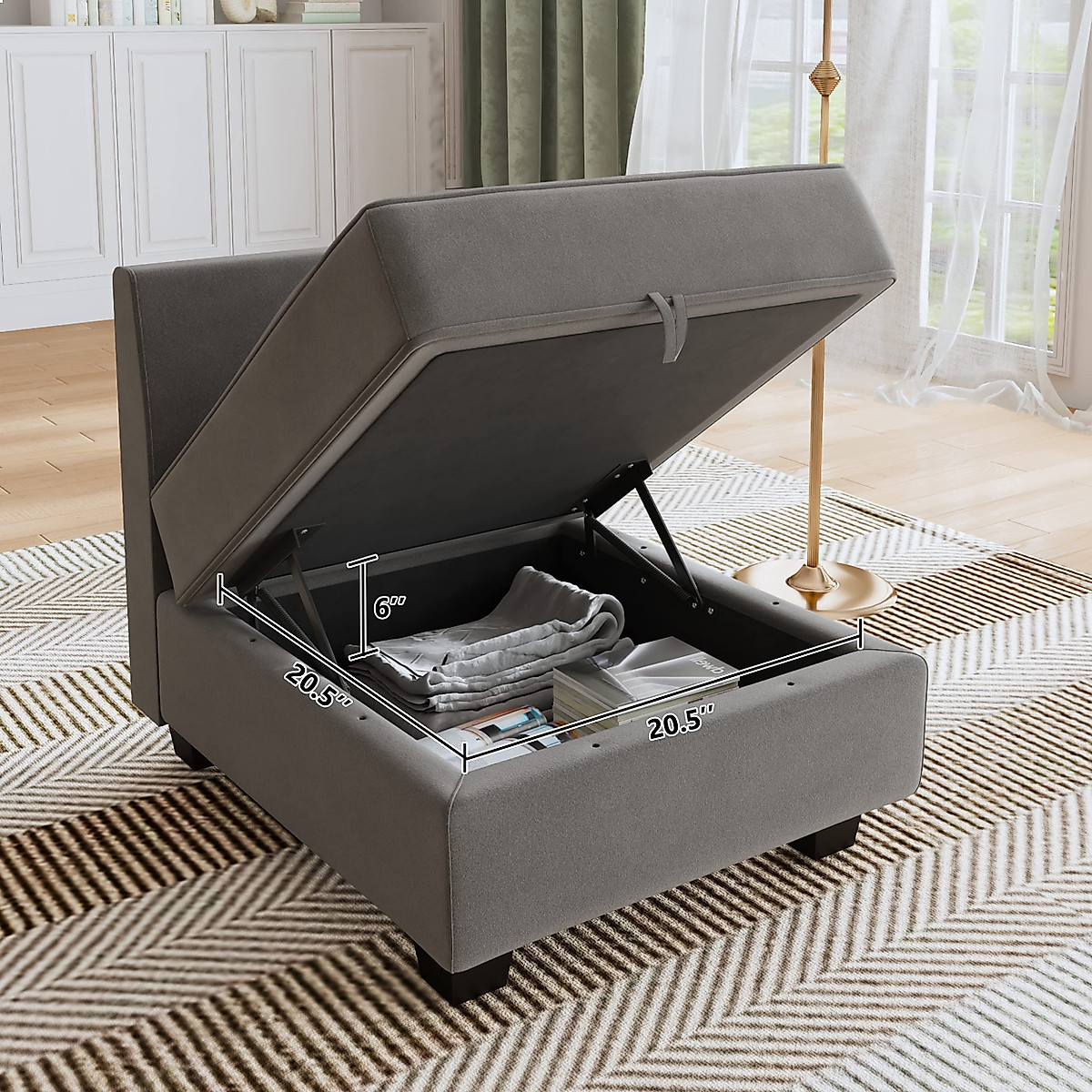 HONBAY Middle Module for Modular Sectional Sofa Couch, Accent Armless Chair with Storage Seat, Velvet Grey