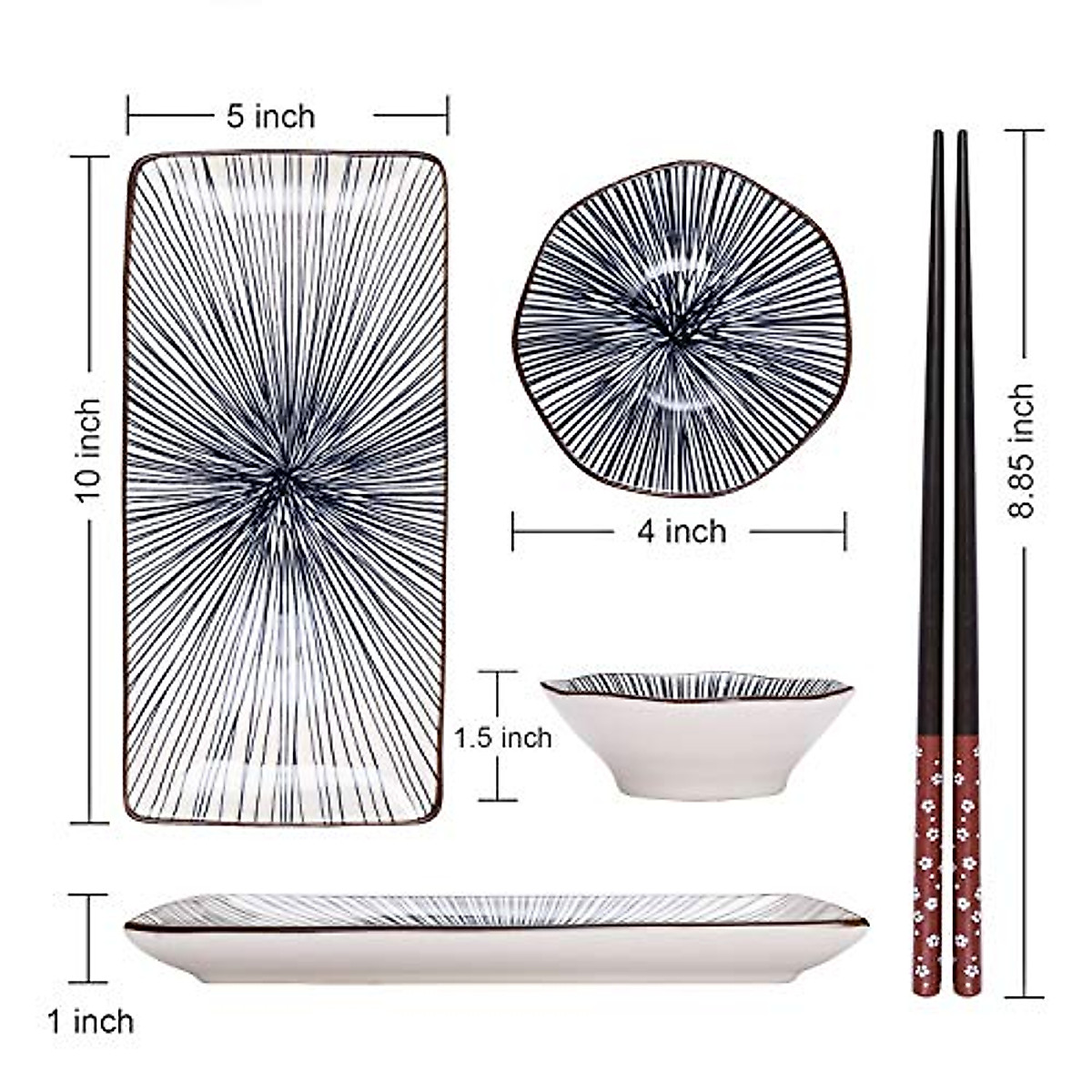 Relaxing Garden 6 piece sushi plate set, 10-inch ceramic rectangle sushi dishes, sushi serving set for 2, with 2 sushi plates 2 sauce bowls 2 pairs of chopsticks