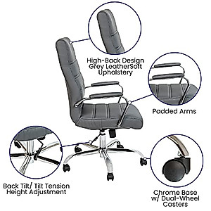 Flash Furniture Whitney High Back Desk Chair - Gray LeatherSoft Executive Swivel Office Chair with Chrome Frame - Swivel Arm Chair