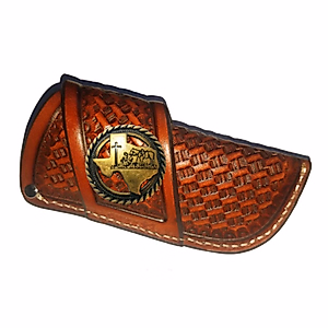 Custom Nocona Weave Antique Brass Texas Praying Cowboy Church Side Draw Knife Sheath left side