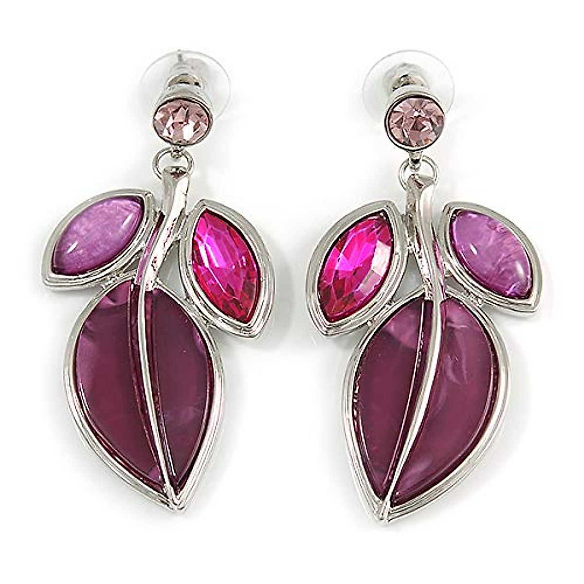 Avalaya Statement Purple/Magenta Glass, Crystal Leaf Necklace and Drop Earrings In Rhodium Plating - 40cm L/ 8cm Ext
