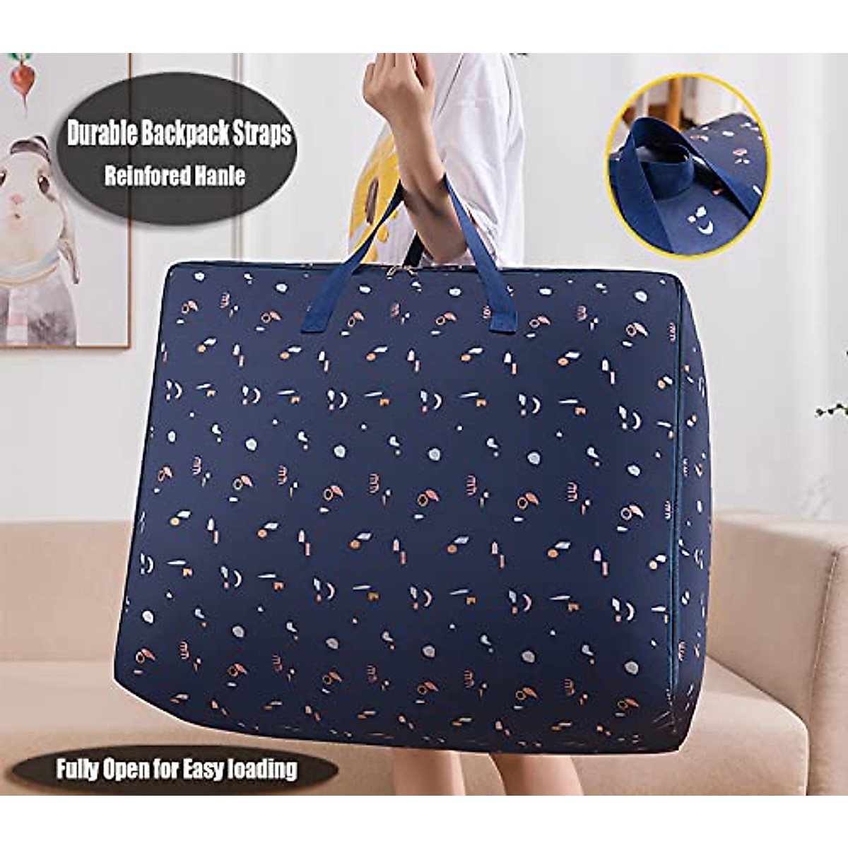 Heavy Duty Extra Large Storage Bags, Blue Moving Bags Totes with Zippers for Clothing Blanket Storage, Dorm College Supplies, Clothes Storage Bins, 2 Pack