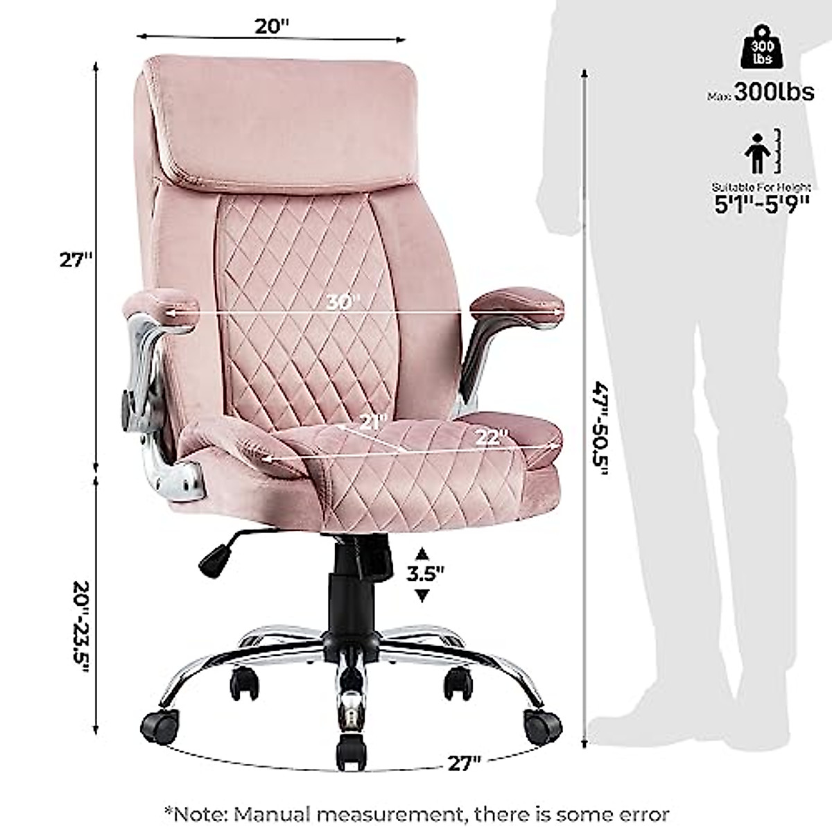 HOMYEDAMIC Velvet Ergonomic Office Chair, Adjustable Arms Wide Managerial Executive Home Desk Computer Chair Big and Tall with High Back Lumbar Support Wheels Comfortable (Pink)