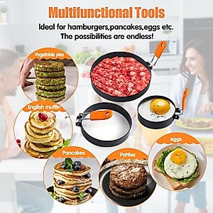 Srinlon Professional Pancake Ring Set,6 Packs Omelette Ring,Non-stick Griddle Pancake Shapers with Oil Brush,Stainless Fried Egg Molds with Orange Anti-scald Silicone Handle,Egg Mold
