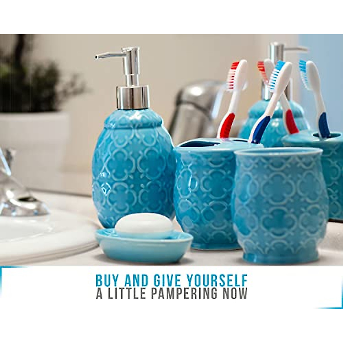 Designer 4-Piece Bathroom Accessory Set – Ceramic Bath Set w/Liquid Soap or Lotion Dispenser, Toothbrush Holder, Tumbler and Soap Dish – Decorative Set w/Embossed Details – Modern Vanity Accessories