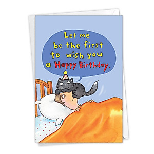 NobleWorks - 1 Awesome Birthday Greeting Card - Cartoon Art, Happy Funny Bday Note - Cat on Head C3791HBDG