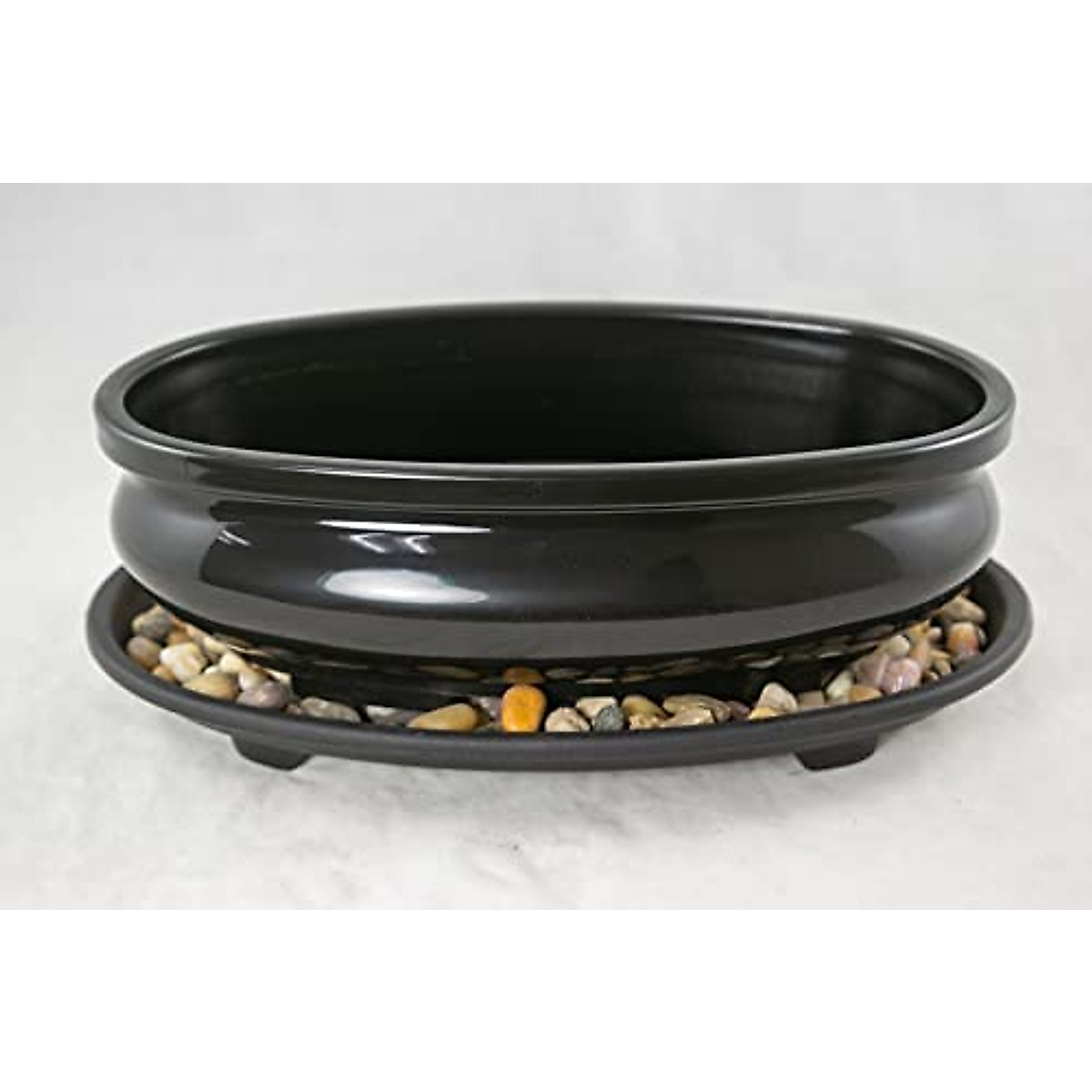 Calibonsai 9'' Oval Heavy Duty Black Plastic Bonsai Training Pot, Cactus & Succulent Planter + Tray + Rock + Mesh Combo