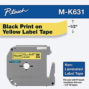 Brother Genuine P-touch M-K631 Label Tape 1/2" (0.47") Standard Laminated P-touch Tape, Black on Yellow Laminated for Indoor or Outdoor Use, Water Resistant, 26.2 Feet (8M), Single-Pack (MK631),Black/Yellow