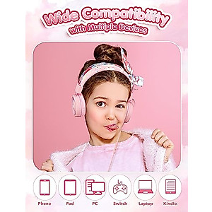 SIMJAR Unicorn Headphones with Microphone for School, Unicorn Rubber Band Included, Volume Limiter 85/94dB, Wired Foldable Girls Headphones for Online Learning/Travel/Tablet/iPad (Pink)