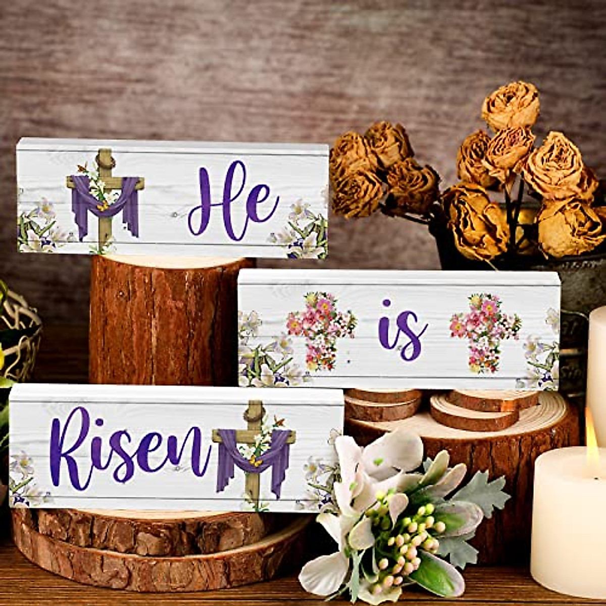 He is Risen Easter Decor Easter Wooden Cross Signs Floral Printed Easter Tiered Tray Signs Religious Tabletop Easter Decorations Spring Table Centerpieces for Home Office (Cross)