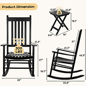 MAMIZO Outdoor Rocking Chair Set 3-Piece, Rocking Chair Patio Set of 2 with Side Table, with High Back,Indoors or Outdoor Wooden Rocking Chair, Easy to Assemble for Porch, Patio, Garden,Lawn, Balcony