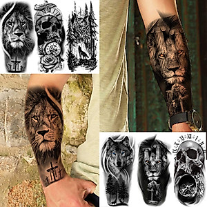 FANRUI 22 Sheets Realistic Black Animals Temporary Tattoos For Women Men Half Arm Sleeve, 3D Large Tribal Tiger Lion Death Skull Fake Tattoo Stickers Halloween, Flower Compass Wolf Owl Tatoos Anchor