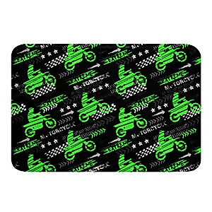Motorcycle Racing Kids Bath Mats,Motorbike Extreme Sports Games Mats Rugs for Girls Boys Adults,Race Flag Black White Bath Carpets,Green Bright Bath Rugs,Absorbent Floor Mats,20Wx32L Inches