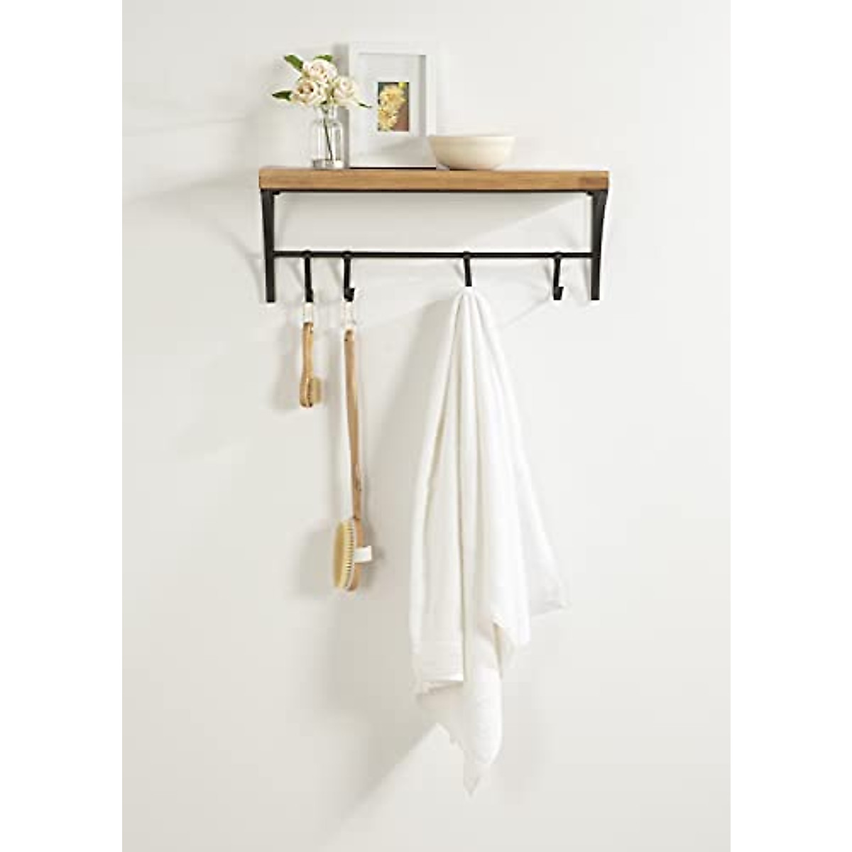 Kate and Laurel Ozias Farmhouse Shelf with Hooks, 24 x 9, Rustic Brown and Black, Sopisticated Coat Rack and Shelf for Storage and Display