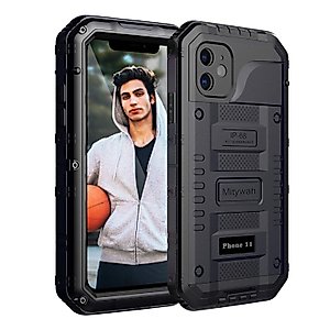 Mitywah Waterproof Case for iPhone 11, Heavy Duty Durable Metal Full Body Protective Case Built-in Screen Protection Waterproof Shockproof Dustproof Rugged Military Grade Defender, Black