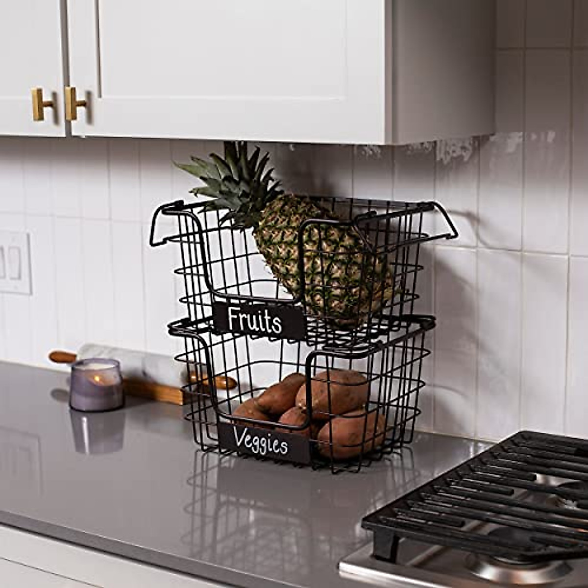 Stacking Wire Market Baskets with Chalk Label - Set of 2 - Fruit Vegetable Produce Metal Storage Bin for Kitchen Counter - Pantry Cabinet - Bathroom Shelves - Metallic Black