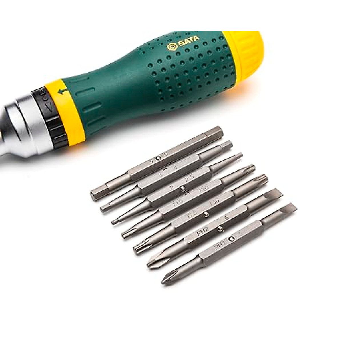 SATA 19-in-1 Multipurpose Ratcheting Screwdriver Set with 8 Double-Sided Bits and a Green and Yellow Oil-Resistant Handle - ST09350, 10 Piece