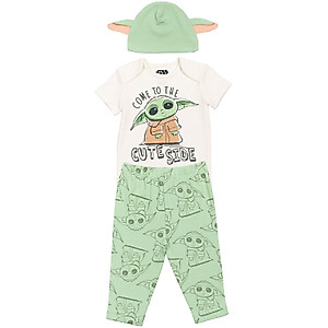 STAR WARS The Mandalorian Newborn Baby Boys Bodysuit Pants and Hat 3 Piece Outfit Set 0-3 Months