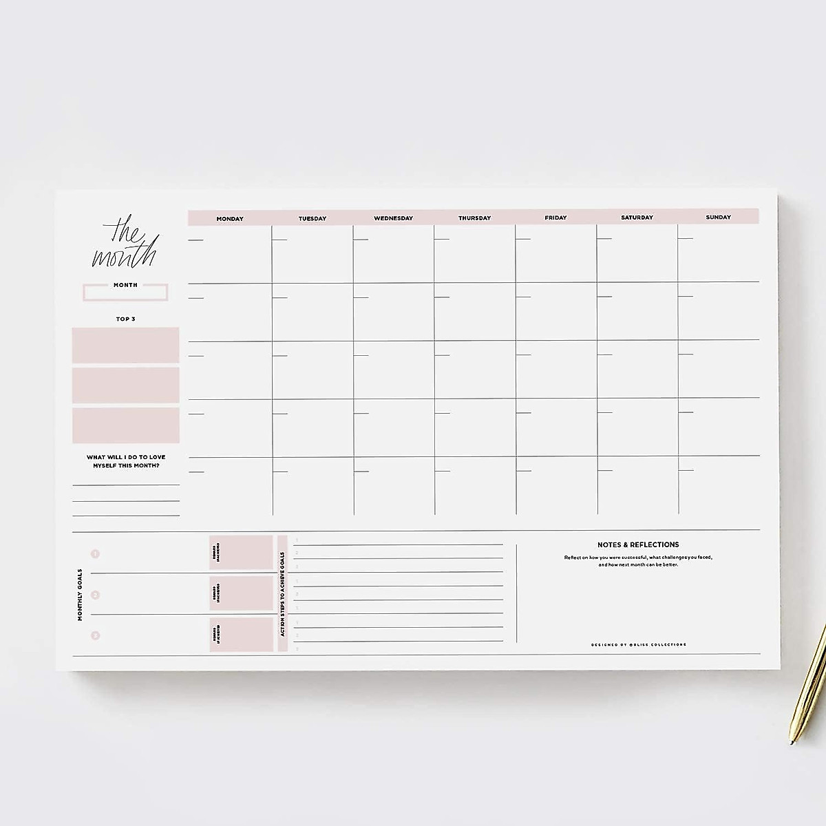 Bliss Collections Monthly Planner, Simple Pink Self-Care, Undated Desk Calendar and Planner for Organizing and Scheduling Tasks, Productivity Tracker, Goals, Notes and To-Do Lists, 12"x18" (18 Sheets)