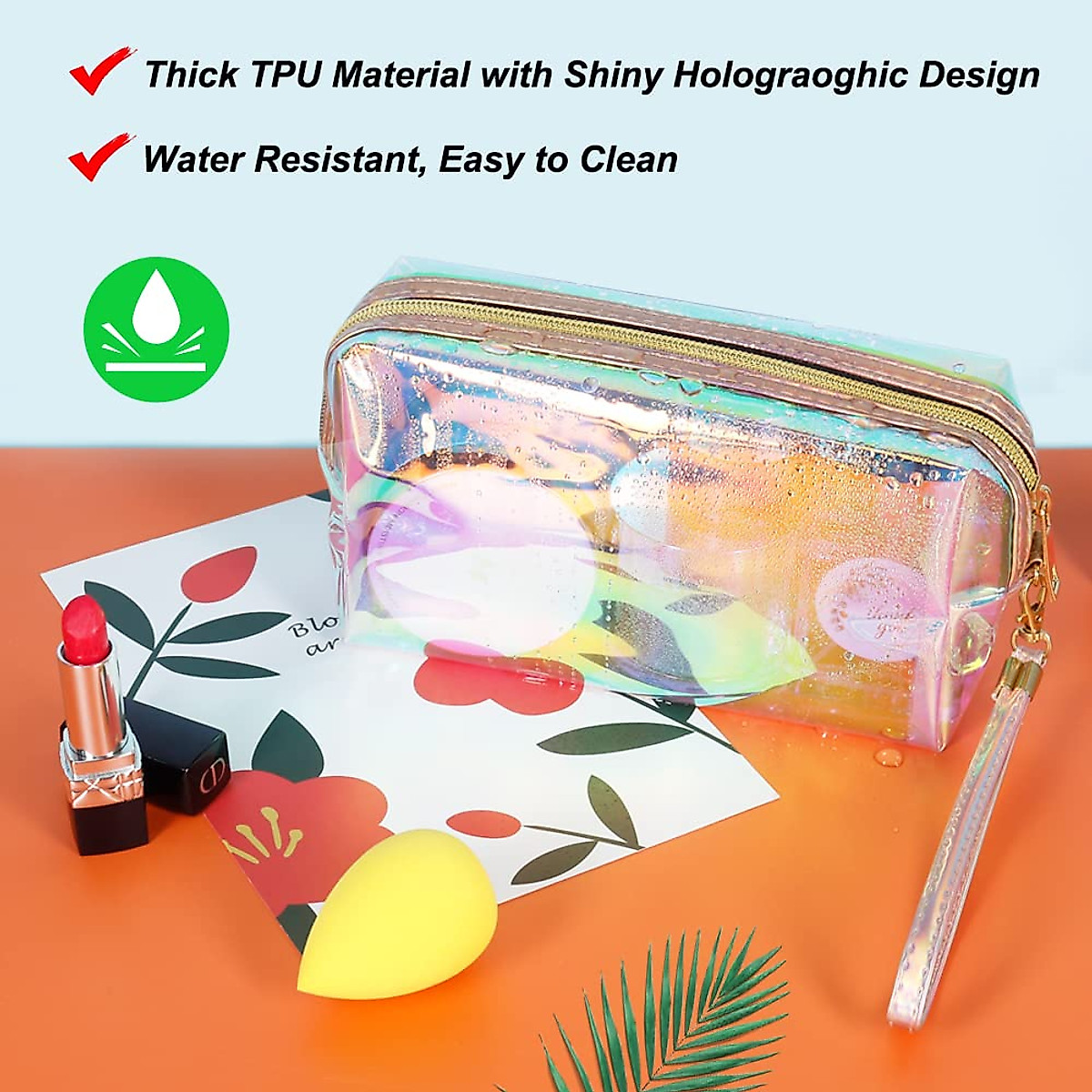 HRX Package Clear Iridescent Holographic Makeup Bag, 2pcs Travel Cosmetic Pouches with Zipper Toiletry Organizer Case for Purse Diaper Bag Beach Bag