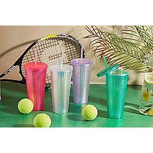 WEST & FIFTH Grid Plastic Cold-Cup Tumbler with Straw, Iridescent Semi-Transparent Square-Textured Cup, BPA-Free Double-Wall Cup for Iced Coffee, Cold Drinks, or Water, 24oz., Mint