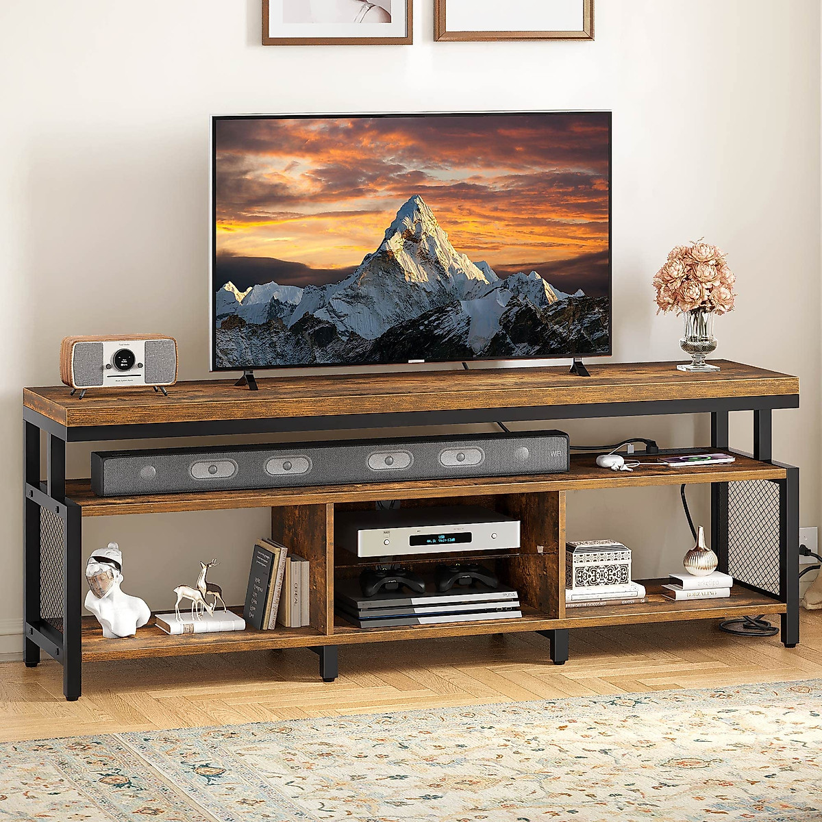 YITAHOME LED Television Stands w/Power Outlets for 70/65 inch, Modern Industrial TV Stand, Entertainment Center w/Open Storage, Entertainment Center for 360lbs for Living Room, Retro Brown