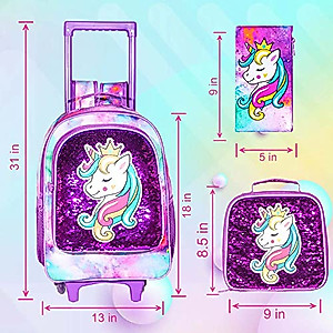 FTJCF 3PCS Rolling Backpack for Girls, Kids Unicorn Roller Bookbag with Wheels, Wheeled School Bag Set for Elementary - Purple