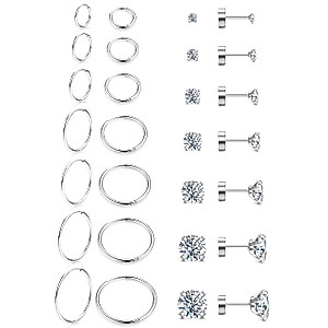 ZELORES 614 Pairs Cartilage Earrings Sets for Women Men Stainless Steel Lightweight Tiny Huggie Hoop Earrings for Multiple Piercing 14k Gold Plated Flatback CZ Stud Earrings for Sensitive Ear 20G,