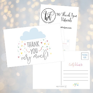 50 4x6 Rain Clouds Blank Thank You Postcards Bulk, Cute Modern Baby Shower Sprinkle Rainbow Showered With Love Thank You Note Card Stationery For Wedding Bridesmaid Bridal, Religious, Holiday
