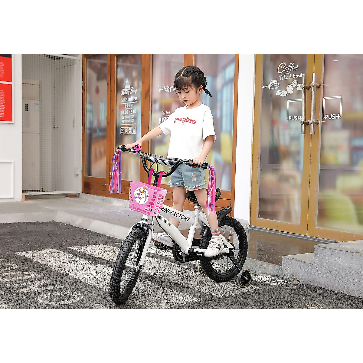 Kid's Bike Basket Accessories Set, Lovely Pink Unicorn Pattern Bicycle Front Handlebar Basket Bell, Streamer for Kid Bike