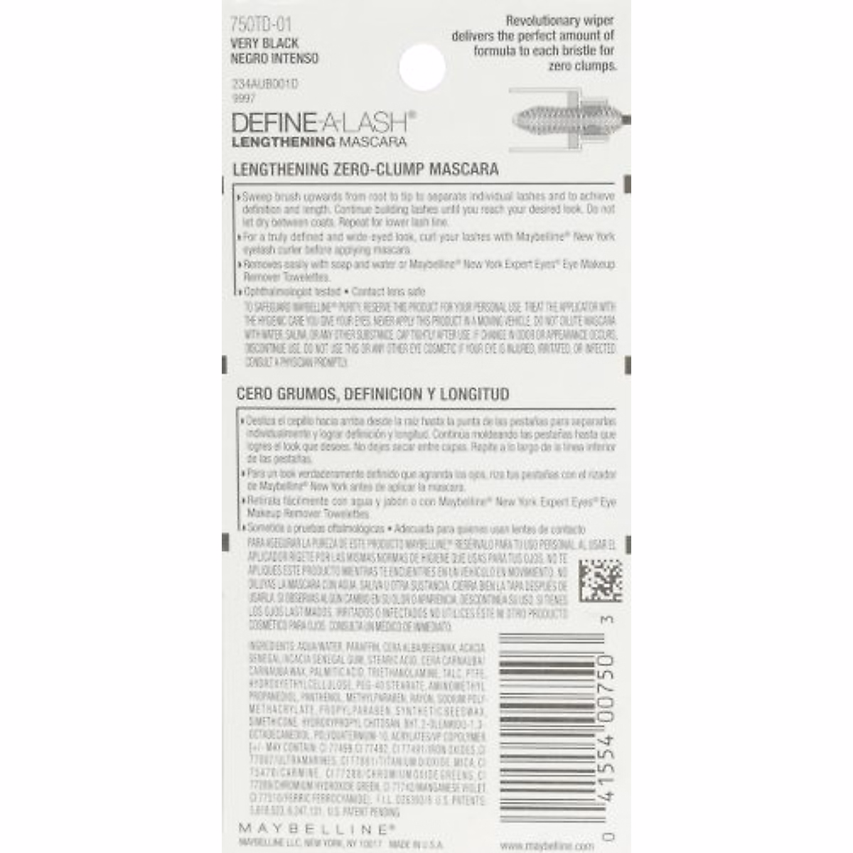 Maybelline New York Define-A-Lash Lengthening Washable Mascara, Very Black. For Washable Definition and Shape in Longer-looking Lashes , 0.22 Fluid Ounce