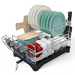 Dish Drying Rack Dish Drainers for Kitchen Counter with Drainboard 2 Tier Durable Stainless Steel Dish Rack and Drainboard Set with Glass Holder Cutting Boards Holder Easy Installation