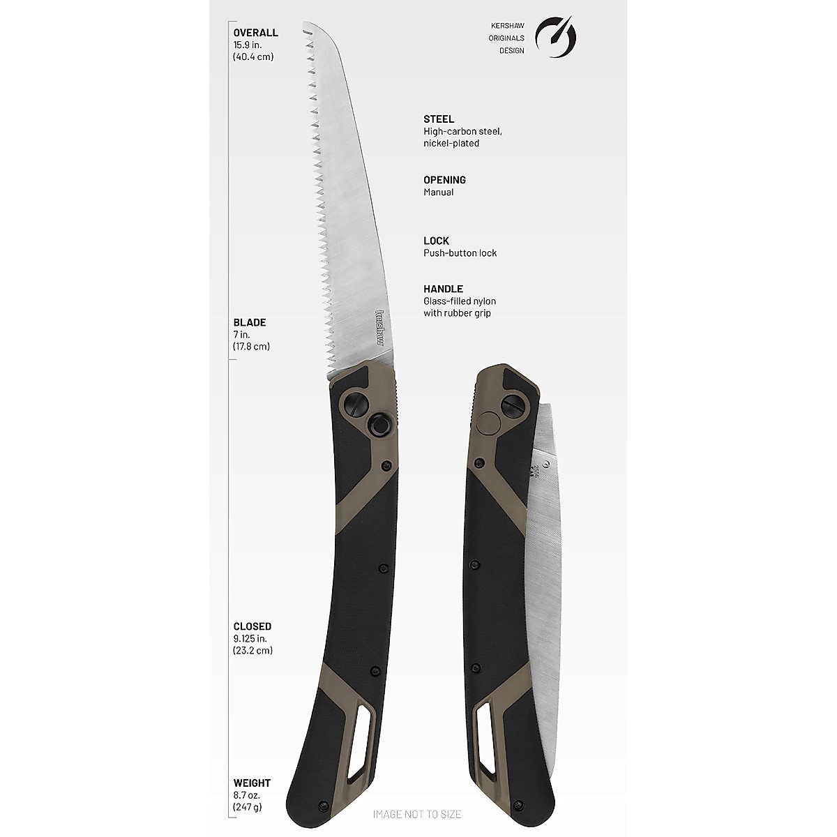 Kershaw Taskmaster Saw 2, 7" Serrated Blade, Outdoor Compact Folding Saw, Push-Button Opening Lock, Tan