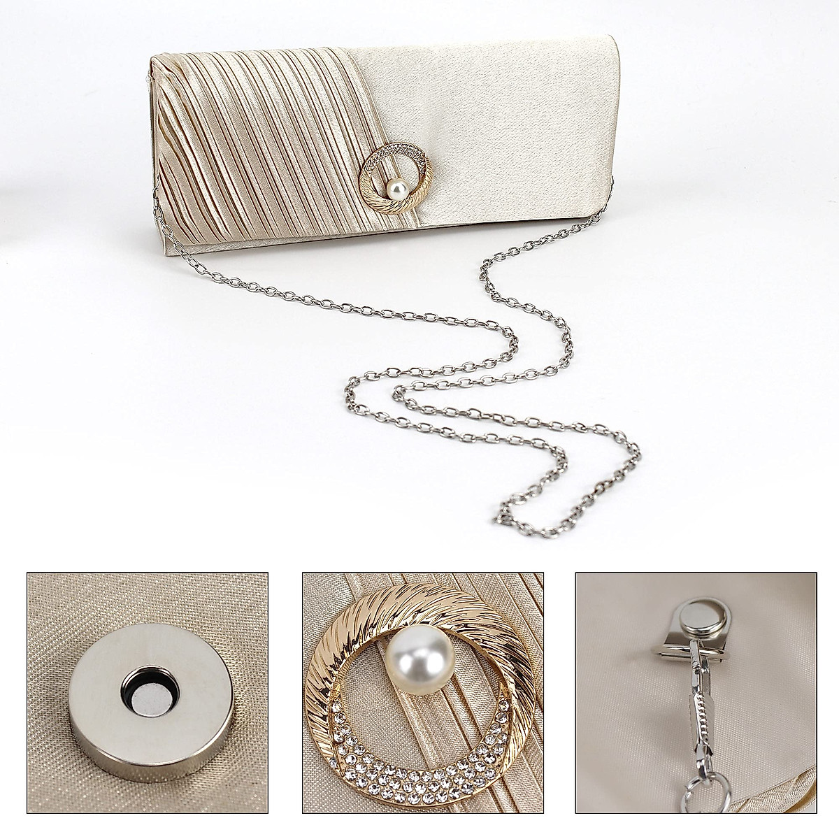 Reberomantic Women Satin Evening Bag Pearl Clutch Purses for Wedding Party Formal Crossbody Bag (Beige)