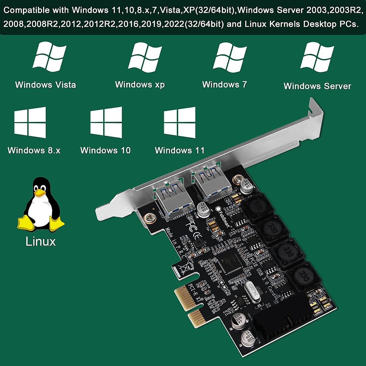 FebSmart 1X 19Pin USB 3.0 Header and 2X USB-A Ports PCIE USB 3.0 5Gbps Expansion Card for Windows and Linux Desktop PCs, Built in Self-Powered Technology, No Need Additional Power Supply (FS-HA-Pro)