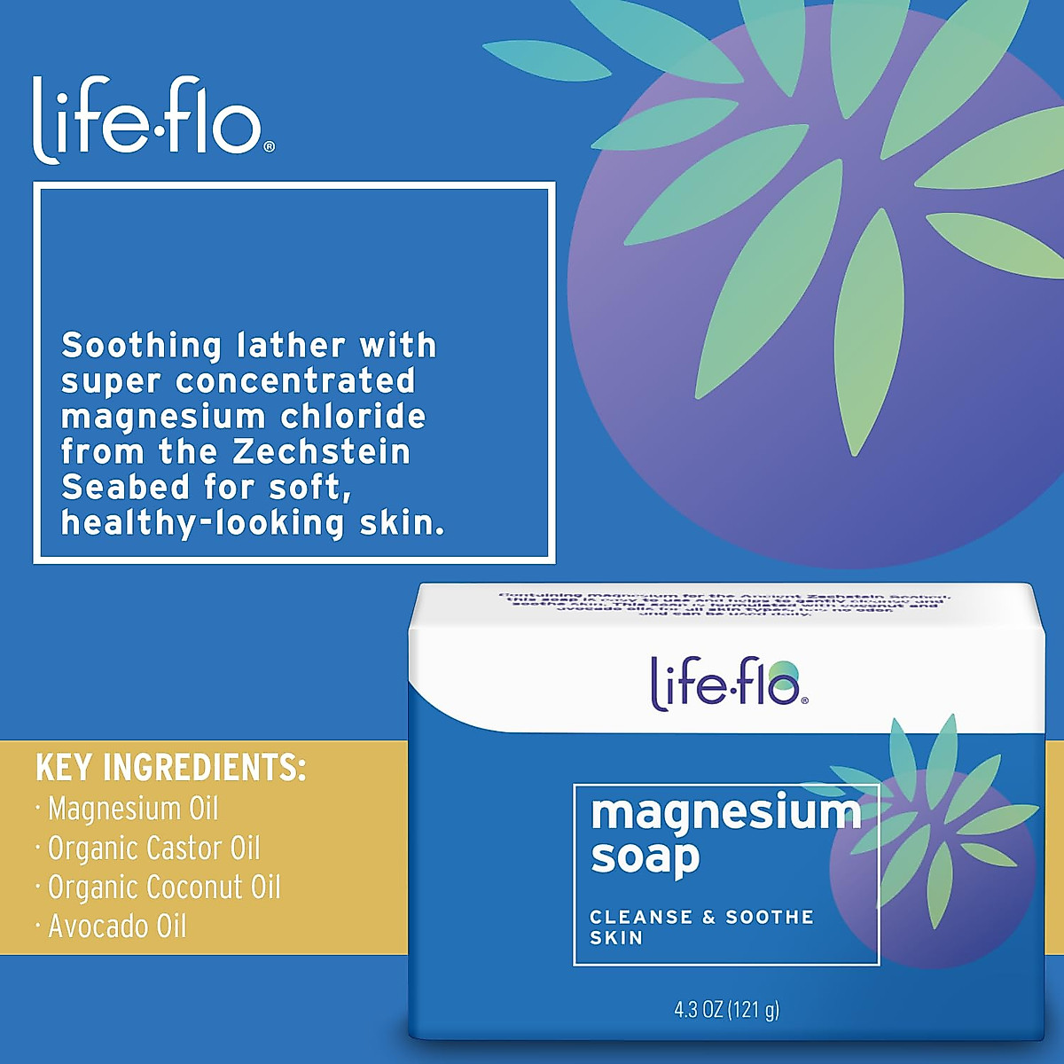 LIFE-FLO Magnesium Bar Soap, Moisturizing Body and Hand Soap with Magnesium Chloride from the Zechstein Seabed Plus Avocado and Organic Coconut Oil, Soothing and Balancing, 60-Day Guarantee, 4.3oz