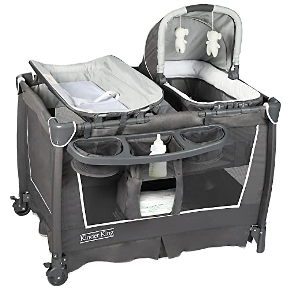 Kinder King 5 in 1 Portable Nursery Center, Foldable Playard for Baby & Toddler, Infant Pack n Play w/Bassinet, Mattress, Newborn Changing Table, Cradle, Travel Bag, Music Box, Storage Basket, Grey