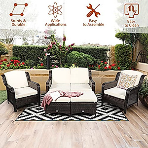 Tangkula 5 Pieces Patio Furniture Set, Outdoor Rattan Conversation Sofa Set with Loveseat, Single Sofas and Ottoman, Sectional Sofa Set with Removable Cushions for Backyard, Balcony, Lawn (Beige)