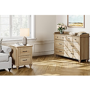 WAMPAT Night Stands for Bedrooms Set of 2 End Tables with Charging Station, 2 Drawer Nightstand Wooden Bedside Table, Farmhouse Side Table for Living Room, Oak