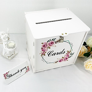 FCDECOR White Wedding Card Box with Lock, Gift Wedding Card Boxes for Reception Money Holder with Rose Sign for Wedding Decorations, Baby Showers, Birthdays, Bridal or Graduation Party Supplies