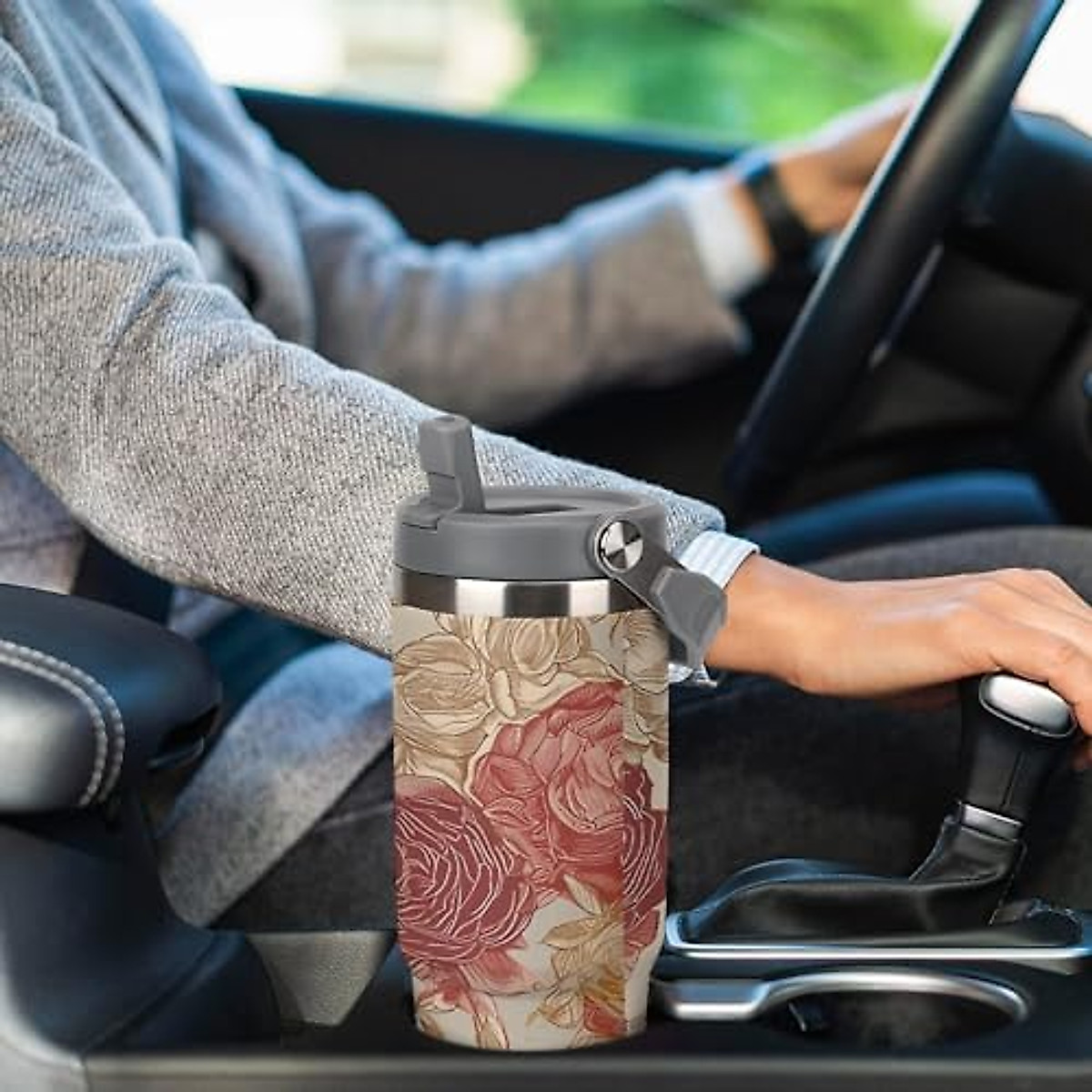 ZJCDPBR 30 Oz Tumbler with Foldable Handle And Flip Straw,Rose Vacuum Insulated Travel Coffee Tumblers,Stainless Steel Leak-Proof Water Bottle,Fits in Cup Holder,Keep Cold 24H & Hot 12H