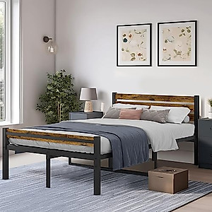 AWQM 14 Inch Full Bed Frame, Metal Platform Full Size Bed Frame with Wood Headboard and Footboard, No Noise, No Box Spring Needed, Bed Central with Extra Metal Support, More Sturdy, Rustic Brown+Black