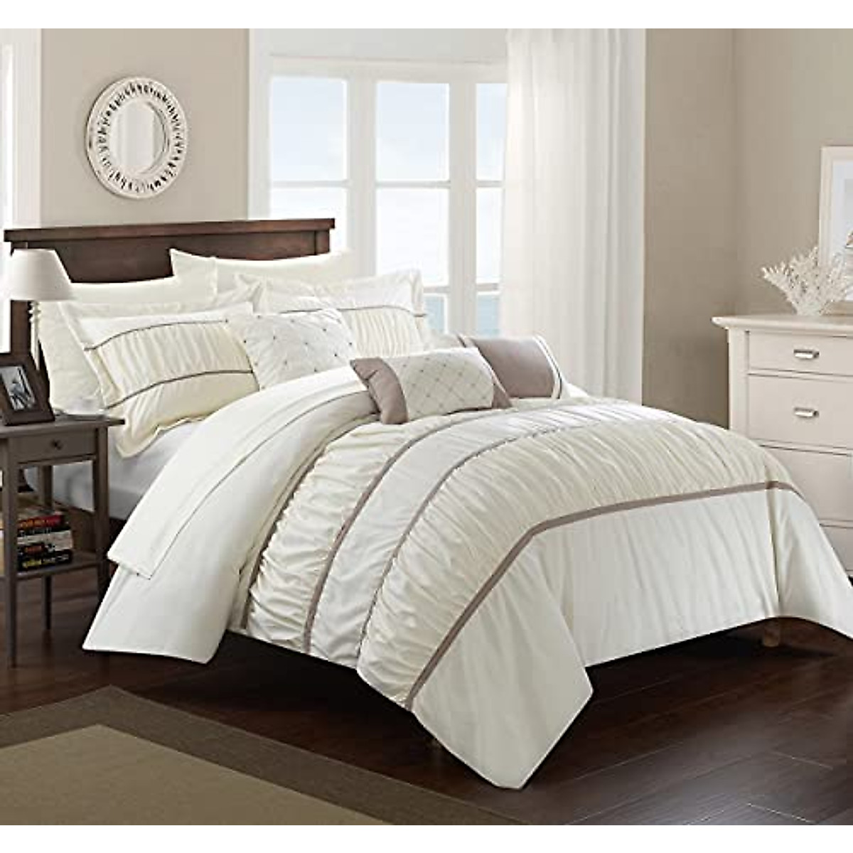 Chic Home CS2124-AN 10 Piece Cheryl Comforter Set, Queen, Beige