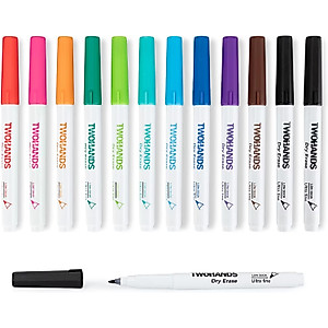 TWOHANDS Dry Erase Markers Ultra Fine Tip,0.7mm,Low Odor,Extra Fine Point,11 Assorted Colors,Whiteboard Markers for kids,School,Office,Home,or Planning Whiteboard,12 Count,20529