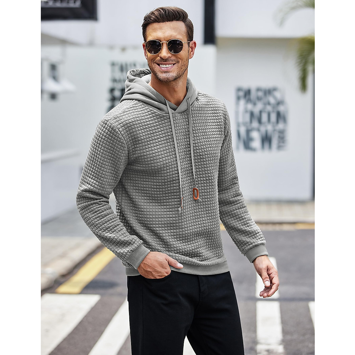 COOFANDY Mens Long Sleeve Drawstring Plaid Jacquard Hooded Sweatshirt, Grey, Medium