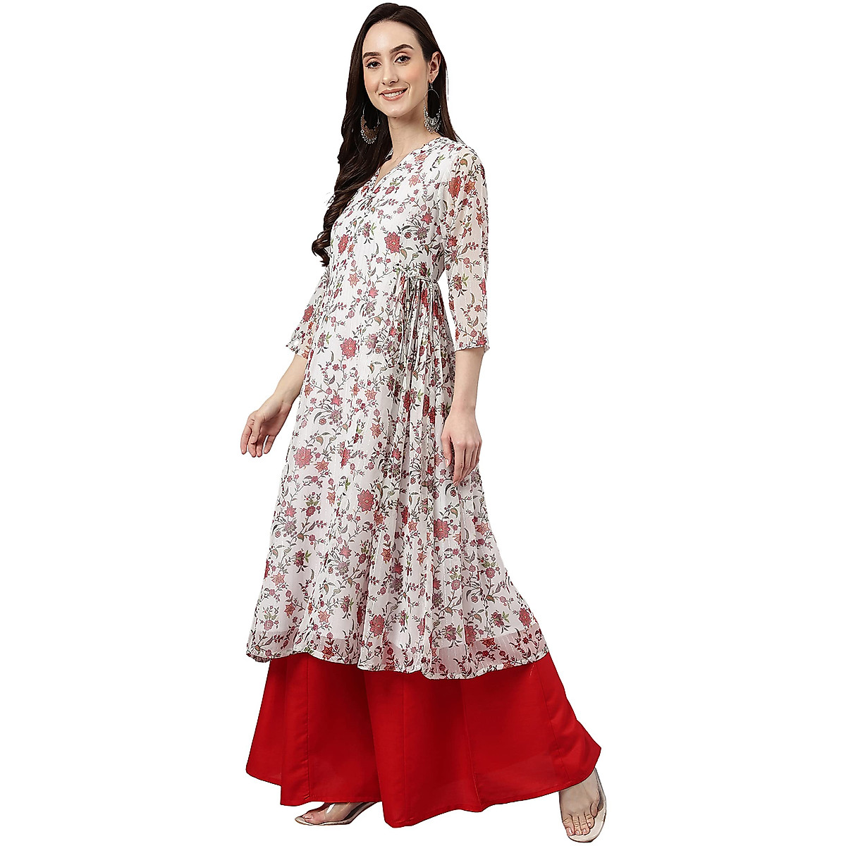 Janasya Indian Women's White Chiffon Lurex Floral Printed flared Kurta