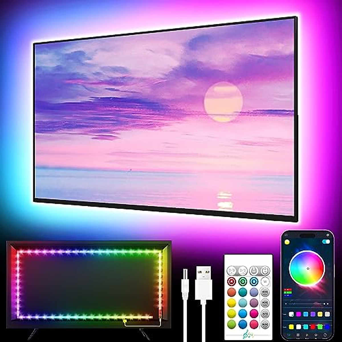 GIPOYENT LED Lights for TV, 16.4FT TV LED Backlight, for 45-75 Inch TV, Music Sync TV LED Light with Bluetooth Function - RGB Color Changing Light Strip for Bedroom (16.4ft)