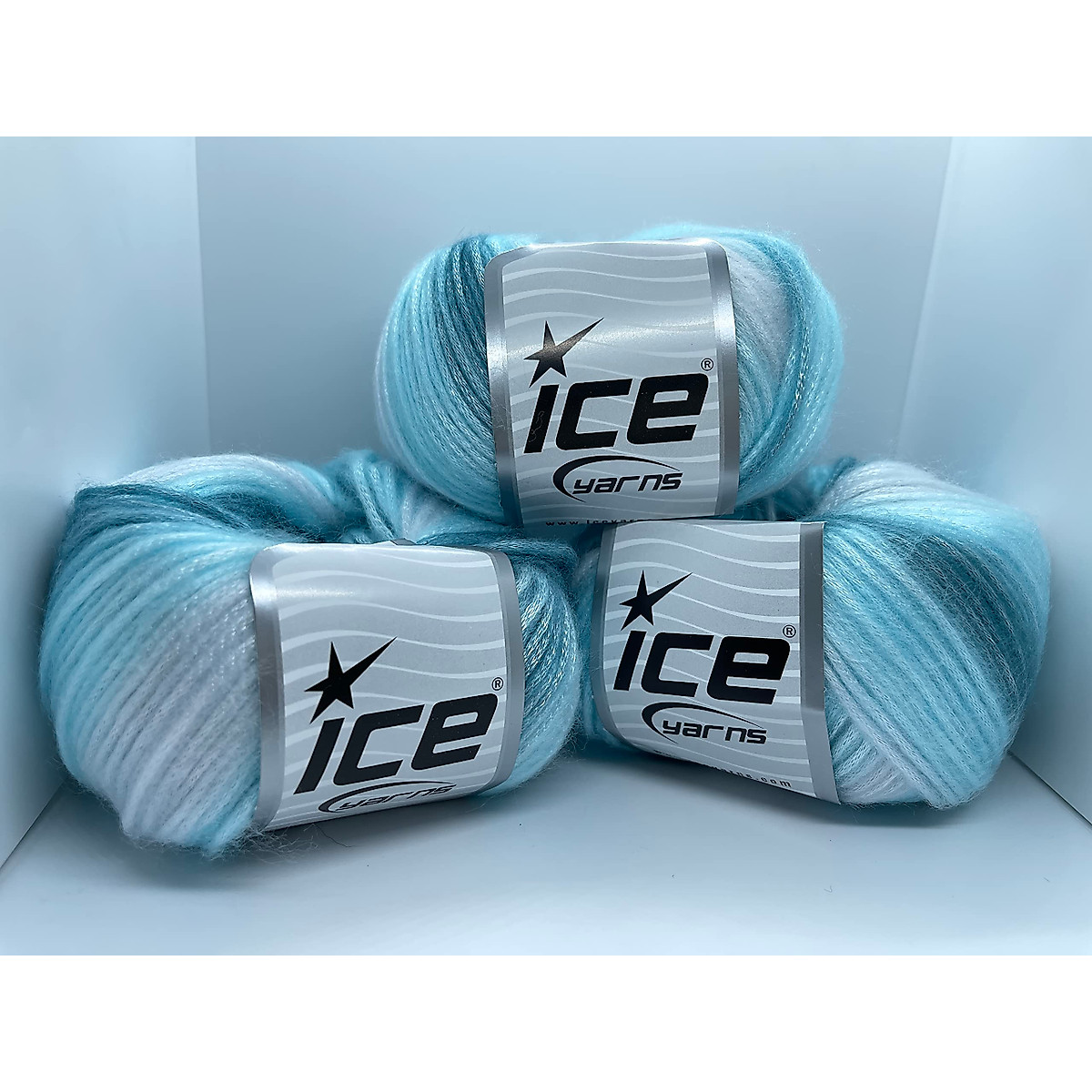 Ice Yarns Picasso 3 Pack - Sea Foam - Pale Aqua, Blues, White Fuzzy with Subtle Sheen Worsted Weight, 3x125 Yards (3x115meters) 3x1.76 Ounces (3x50 Grams)