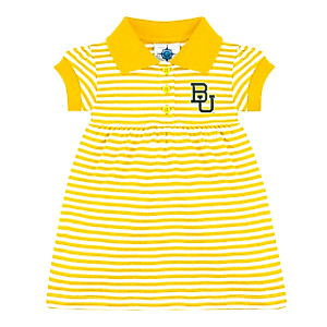 College Baby Striped Game Day Polo Dress with Bloomer - Baylor Bears Logo - Gold/White - 12 Months